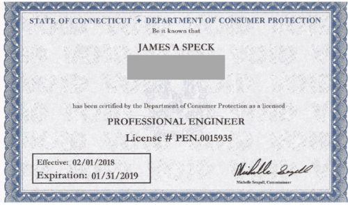 Jim Speck Professional Engineer License